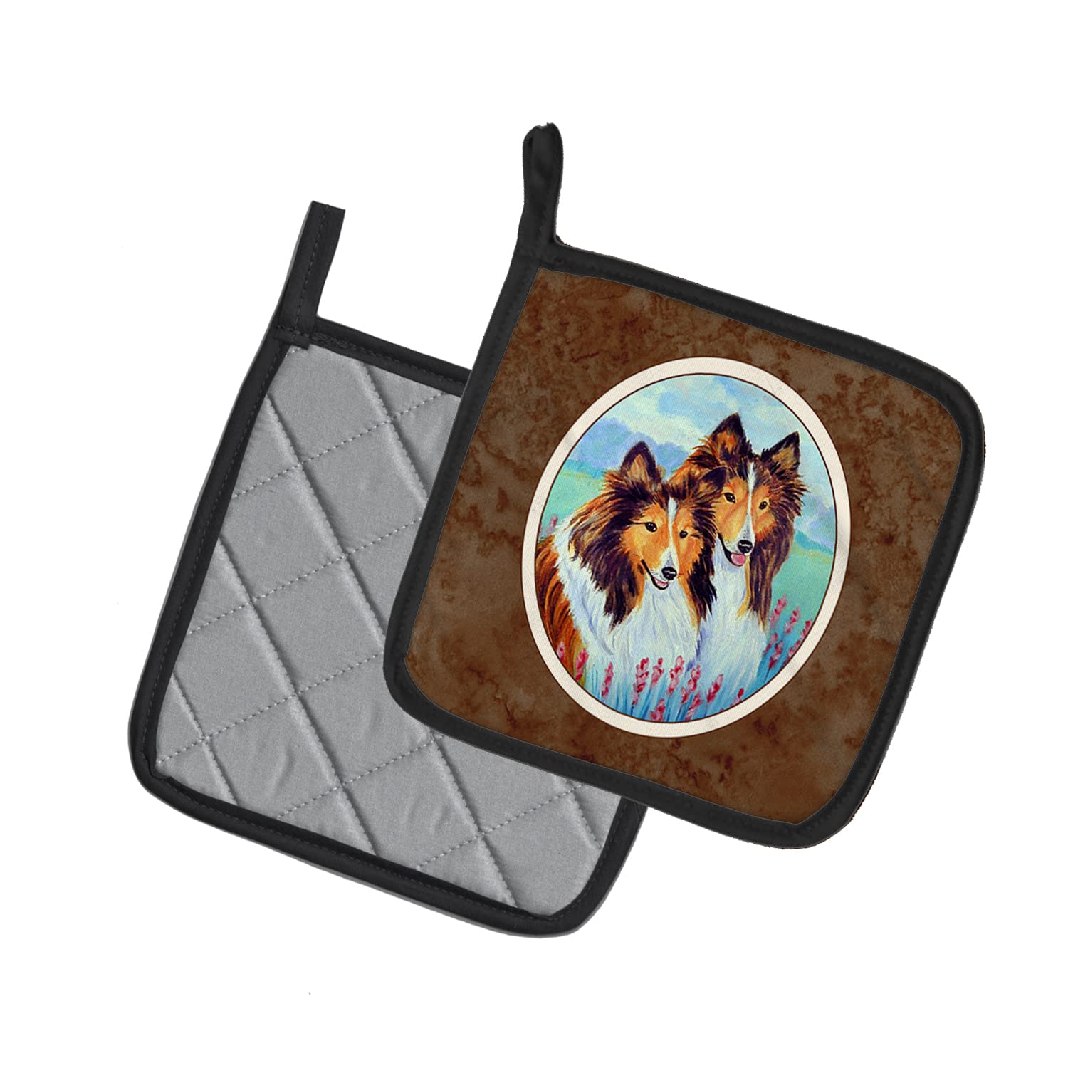 Caroline's Treasures 7086PTHD Sable Shelties Double Trouble Pair of Pot Holders Kitchen Heat Resistant Pot Holders Sets Oven Hot Pads for Cooking Baking BBQ, 7 1/2 x 7 1/2