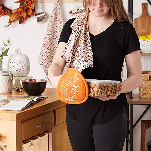 DII Fall Kitchen Décor Collection Dish Towel & Potholder Hostess Gift Set, Hello Pumpkin/Autumn Leaves, 3 Piece