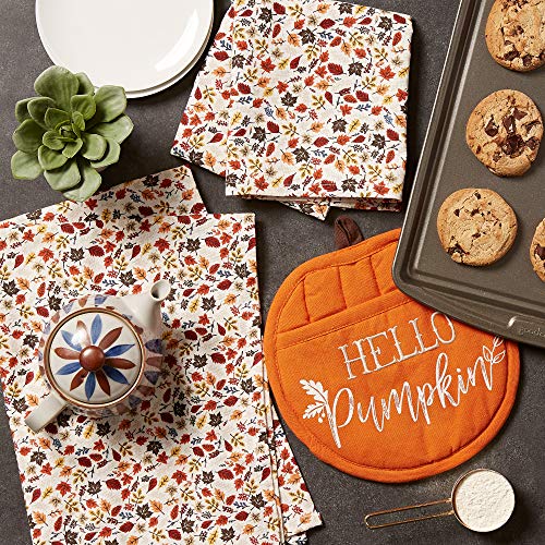 DII Fall Kitchen Décor Collection Dish Towel & Potholder Hostess Gift Set, Hello Pumpkin/Autumn Leaves, 3 Piece