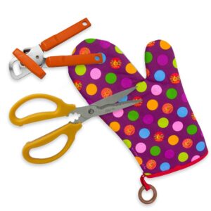 left-handed 3 piece kitchen shear set dotted oven mitt & orange can opener