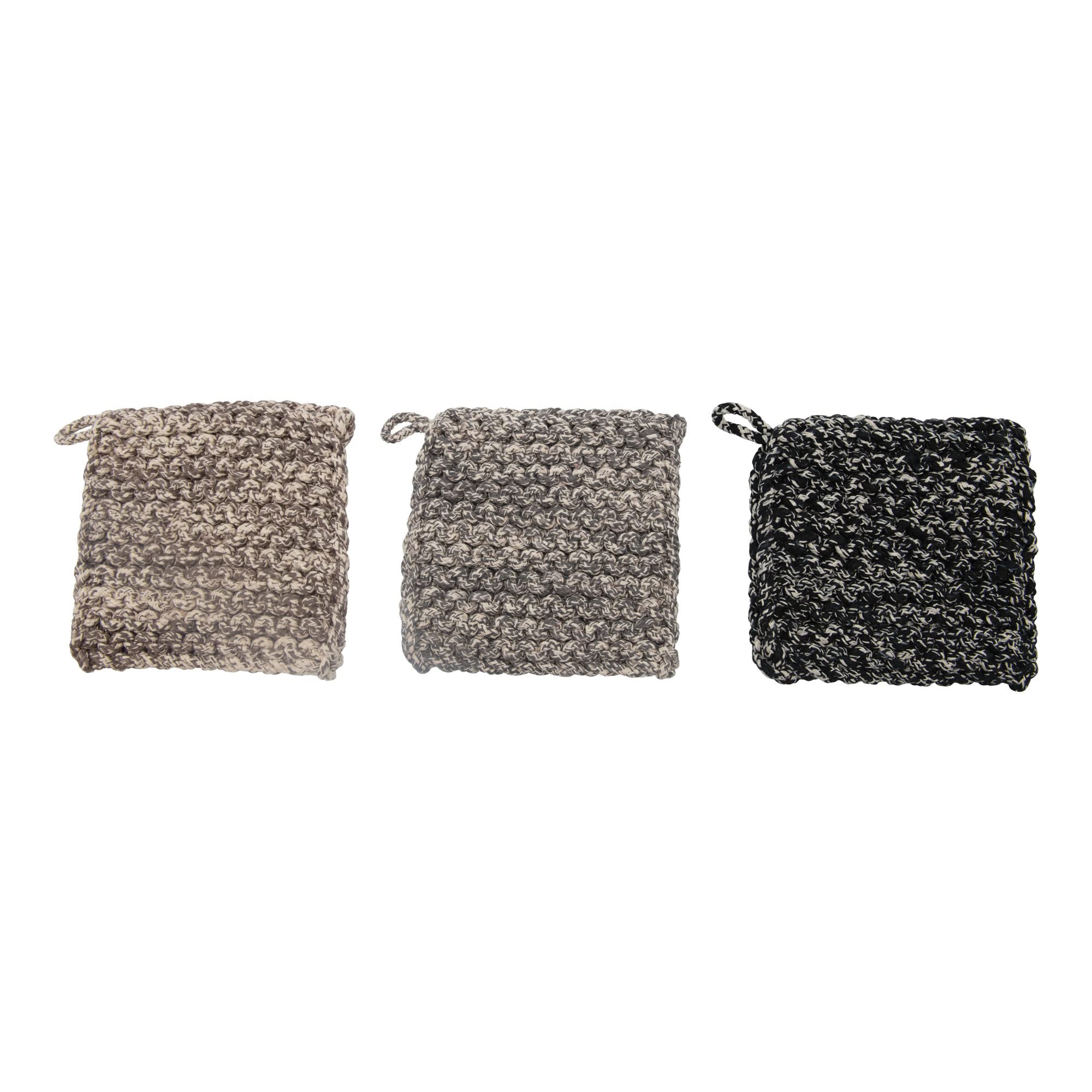 Creative Co-Op Square Crochet Cotton Leather Loop, Set of 3 Colors Pot Holder, Multicolored