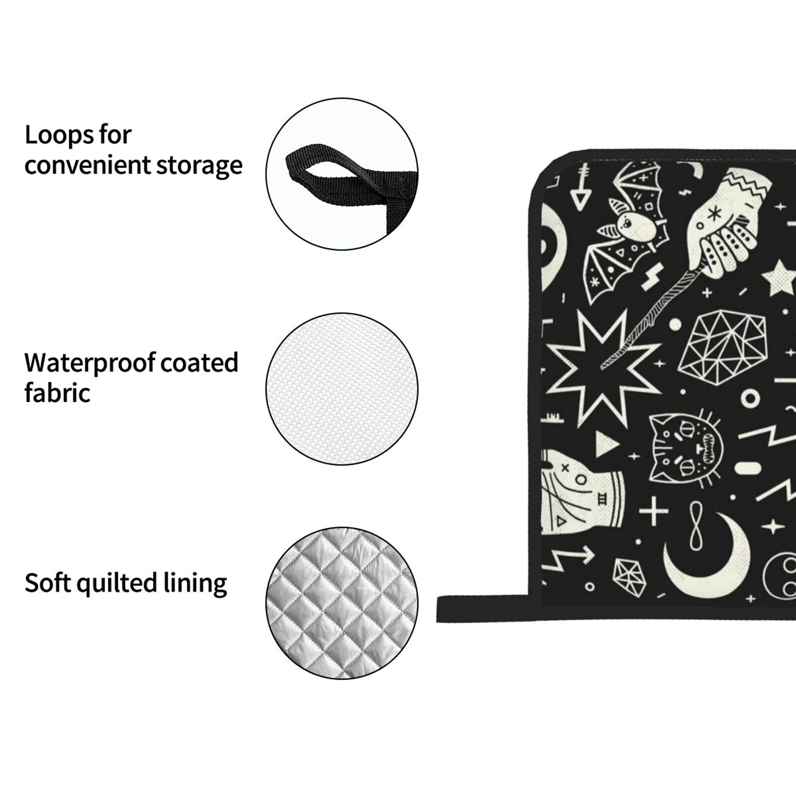 Magical Style Hand Eyes Moon Skull Cat Bat Snake Key 4pcs Oven Mitts and Pot Holders Sets,Heat Resistant Non Slip Kitchen Gloves Hot Pads with Inner Cotton Layer for Cooking BBQ Baking Grilling