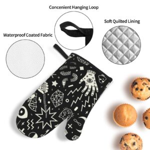 Magical Style Hand Eyes Moon Skull Cat Bat Snake Key 4pcs Oven Mitts and Pot Holders Sets,Heat Resistant Non Slip Kitchen Gloves Hot Pads with Inner Cotton Layer for Cooking BBQ Baking Grilling