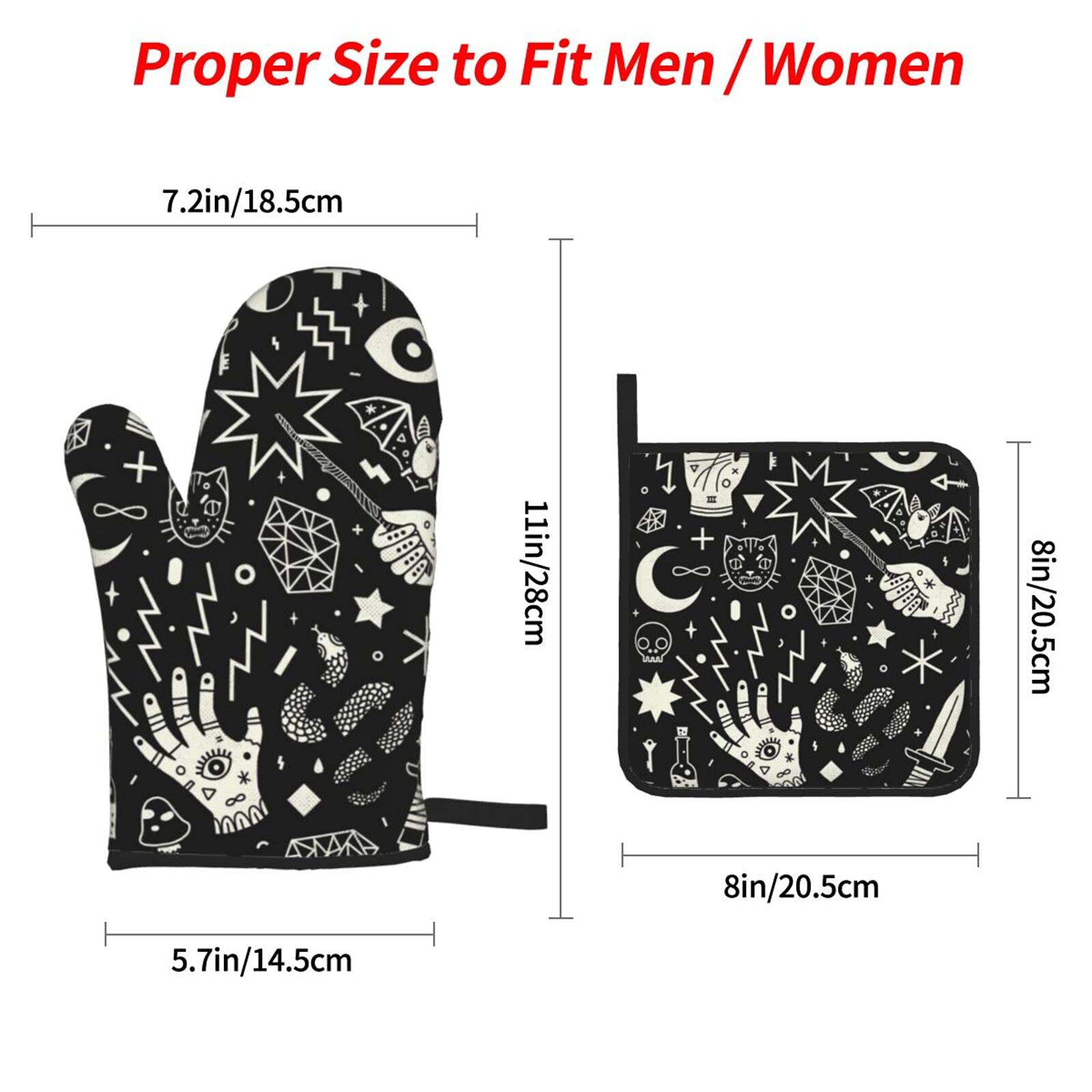 Magical Style Hand Eyes Moon Skull Cat Bat Snake Key 4pcs Oven Mitts and Pot Holders Sets,Heat Resistant Non Slip Kitchen Gloves Hot Pads with Inner Cotton Layer for Cooking BBQ Baking Grilling