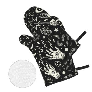 Magical Style Hand Eyes Moon Skull Cat Bat Snake Key 4pcs Oven Mitts and Pot Holders Sets,Heat Resistant Non Slip Kitchen Gloves Hot Pads with Inner Cotton Layer for Cooking BBQ Baking Grilling