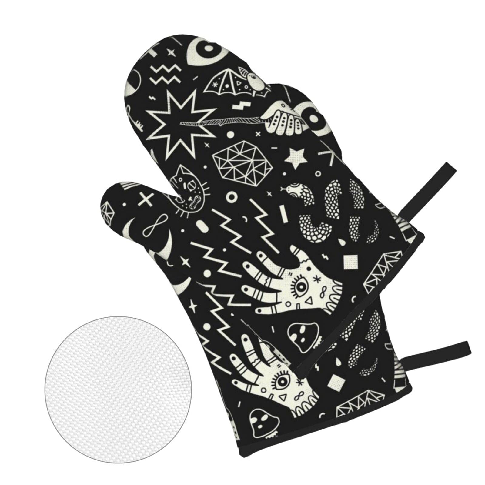 Magical Style Hand Eyes Moon Skull Cat Bat Snake Key 4pcs Oven Mitts and Pot Holders Sets,Heat Resistant Non Slip Kitchen Gloves Hot Pads with Inner Cotton Layer for Cooking BBQ Baking Grilling