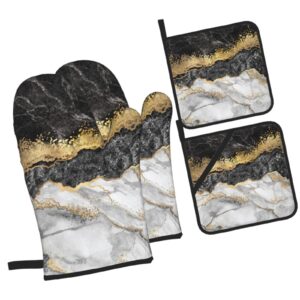 marble oven mitts and pot holders 4pcs sets，funny kitchen high heat resistant oven mitts，with oven gloves and hot pads pot holders for baking cooking bbq grilling