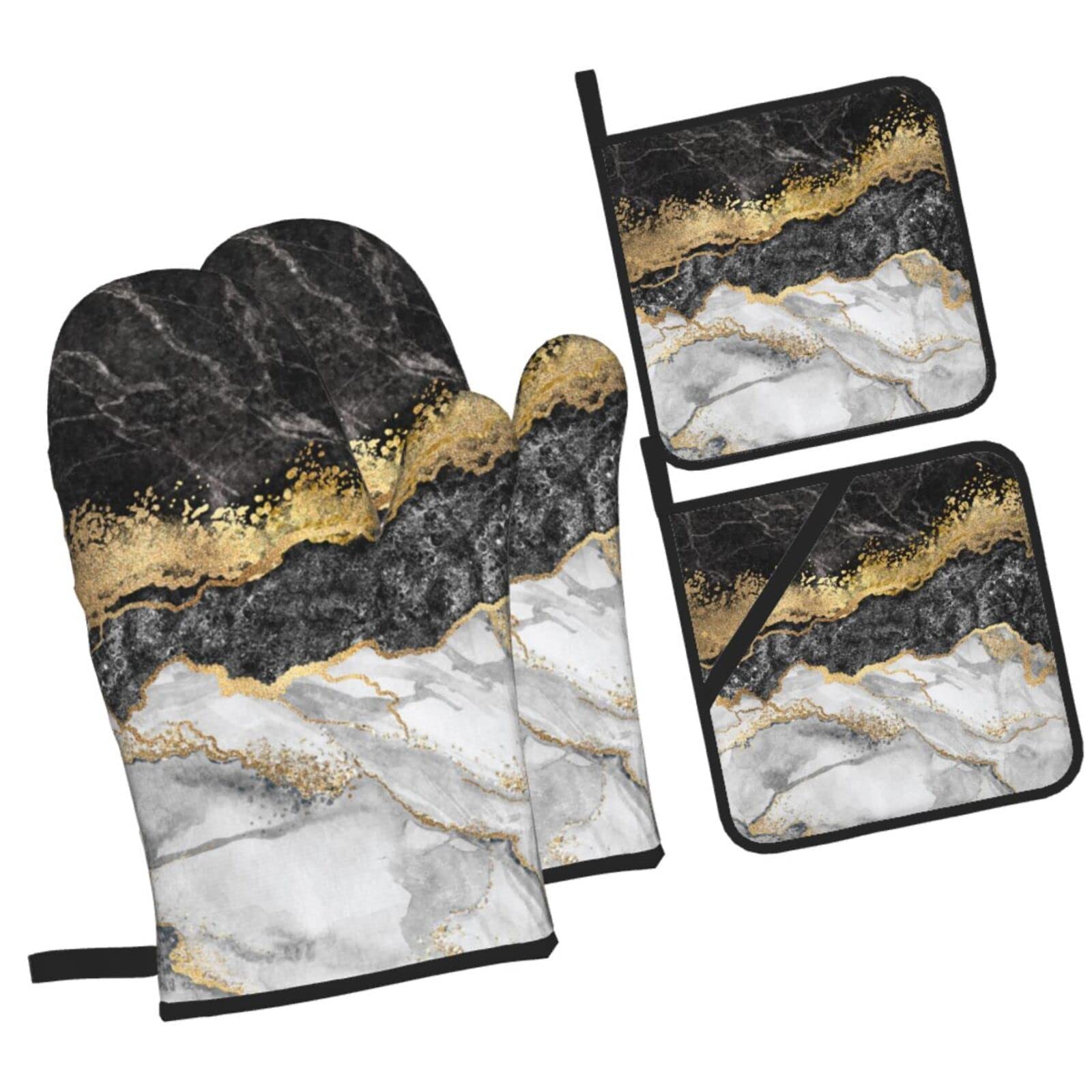 Marble Oven Mitts and Pot Holders 4pcs Sets，Funny Kitchen High Heat Resistant Oven Mitts，with Oven Gloves and Hot Pads Pot Holders for Baking Cooking BBQ Grilling