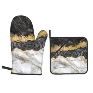 Marble Oven Mitts and Pot Holders 4pcs Sets，Funny Kitchen High Heat Resistant Oven Mitts，with Oven Gloves and Hot Pads Pot Holders for Baking Cooking BBQ Grilling