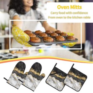 Marble Oven Mitts and Pot Holders 4pcs Sets，Funny Kitchen High Heat Resistant Oven Mitts，with Oven Gloves and Hot Pads Pot Holders for Baking Cooking BBQ Grilling