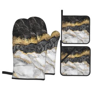 Marble Oven Mitts and Pot Holders 4pcs Sets，Funny Kitchen High Heat Resistant Oven Mitts，with Oven Gloves and Hot Pads Pot Holders for Baking Cooking BBQ Grilling