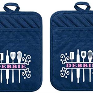 Personalized Pot Holder Blue Pocket Mitt Gift for Newlywed Kitchen Present for Women Set of 2 (Blue)