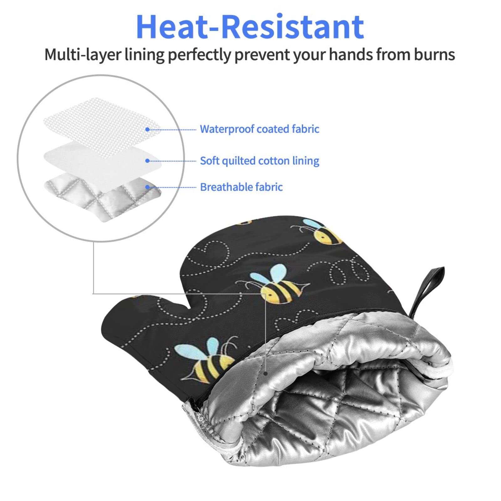 2Pcs Oven Mitts Sets,Bumble Bees,Kitchen Oven Glove High Heat Resistant 500 Degree Oven Mitts and Pot Holder,Surface Safe for Baking,Cooking,BBQ