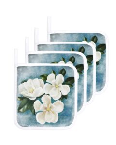 pot holders set of 4,country white flower green leaf potholder for kitchen heat-proof hot pads,rural blooming floral blue gradient back hot mats potholders for cooking baking bbq