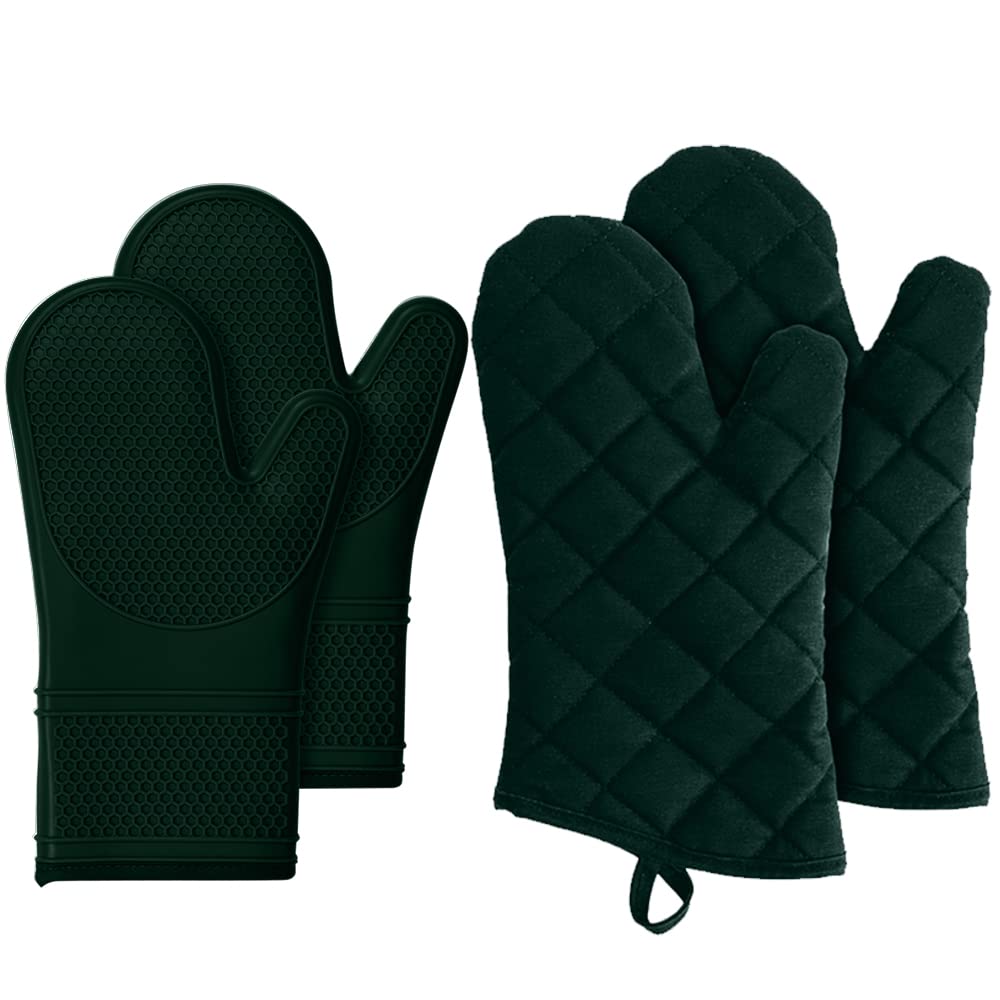 Gorilla Grip Resistant Silicone Oven Mitts and Cotton Oven Mitt, Silicone Oven Mitts Size 12.5 Inch, Cooking, Oven Mitts Size 13 Inch, Cooking Baking BBQ Gloves, Both in Black, 2 Item Bundle