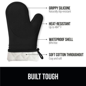 Gorilla Grip Resistant Silicone Oven Mitts and Cotton Oven Mitt, Silicone Oven Mitts Size 12.5 Inch, Cooking, Oven Mitts Size 13 Inch, Cooking Baking BBQ Gloves, Both in Black, 2 Item Bundle