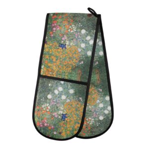 double oven mitt, gustav klimt flower garden heat resistant oven gloves for kitchen cooking baking, 35" x 7"