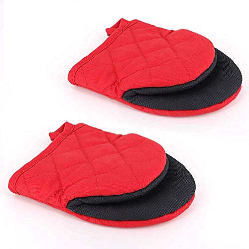 Nuscen 2 Pcs Mini Oven Gloves,Heat Resistant 500 Degrees, Oven Mitts,Cotton Neoprene Non-Slip Grip, Hanging Loop, for Microwave BBQ, Kitchen, Baking,Grilling/Machine Washable (Red)