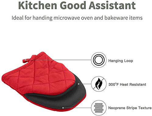 Nuscen 2 Pcs Mini Oven Gloves,Heat Resistant 500 Degrees, Oven Mitts,Cotton Neoprene Non-Slip Grip, Hanging Loop, for Microwave BBQ, Kitchen, Baking,Grilling/Machine Washable (Red)