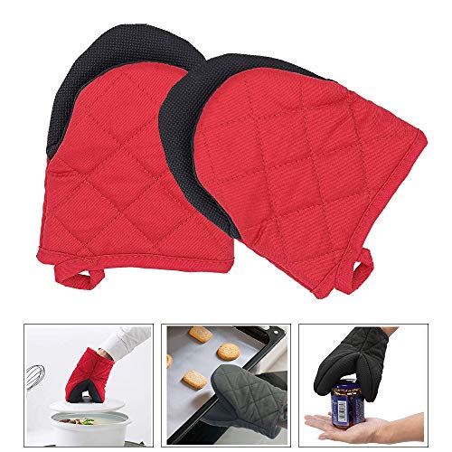 Nuscen 2 Pcs Mini Oven Gloves,Heat Resistant 500 Degrees, Oven Mitts,Cotton Neoprene Non-Slip Grip, Hanging Loop, for Microwave BBQ, Kitchen, Baking,Grilling/Machine Washable (Red)