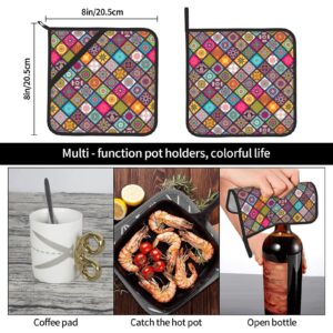 Evava Potholders 2 Pieces Set, Vintage Bohemian Pattern Hot Pads with Anti-Scald Cotton Infill Material, Retro, One Size