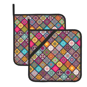 Evava Potholders 2 Pieces Set, Vintage Bohemian Pattern Hot Pads with Anti-Scald Cotton Infill Material, Retro, One Size