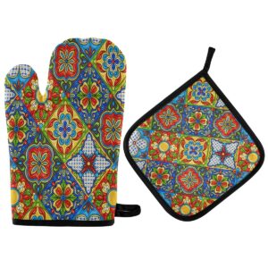 oven gloves pot holders mexican talavera ceramic tile pattern kitchen soft oven insulation mitts heat resistance potholder sets safe baking cooking microwave