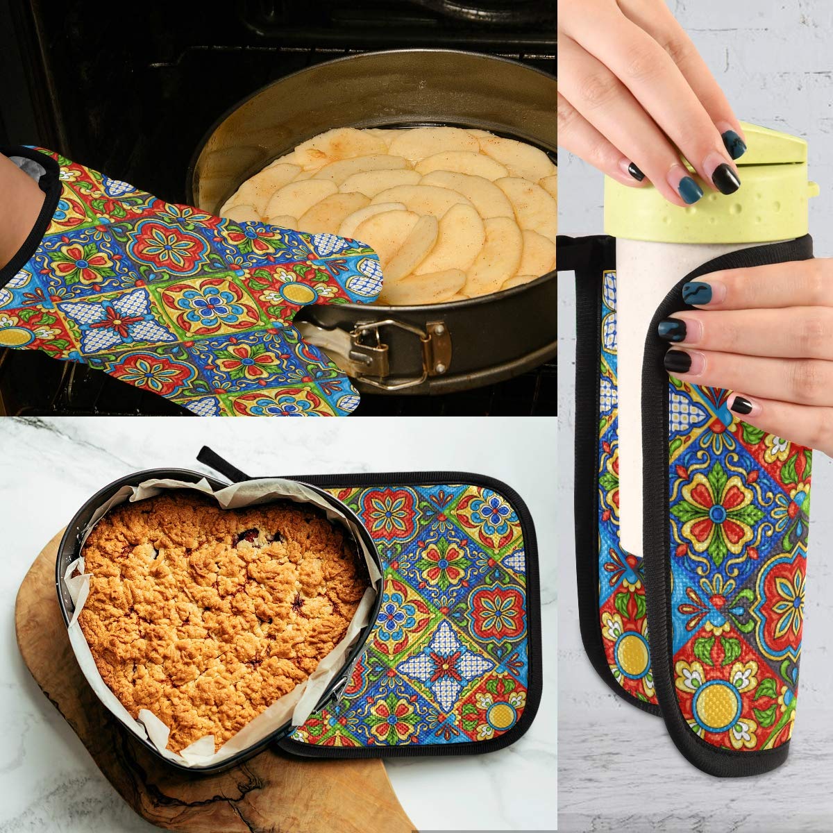 Oven Gloves Pot Holders Mexican Talavera Ceramic Tile Pattern Kitchen Soft Oven Insulation Mitts Heat Resistance Potholder Sets Safe Baking Cooking Microwave