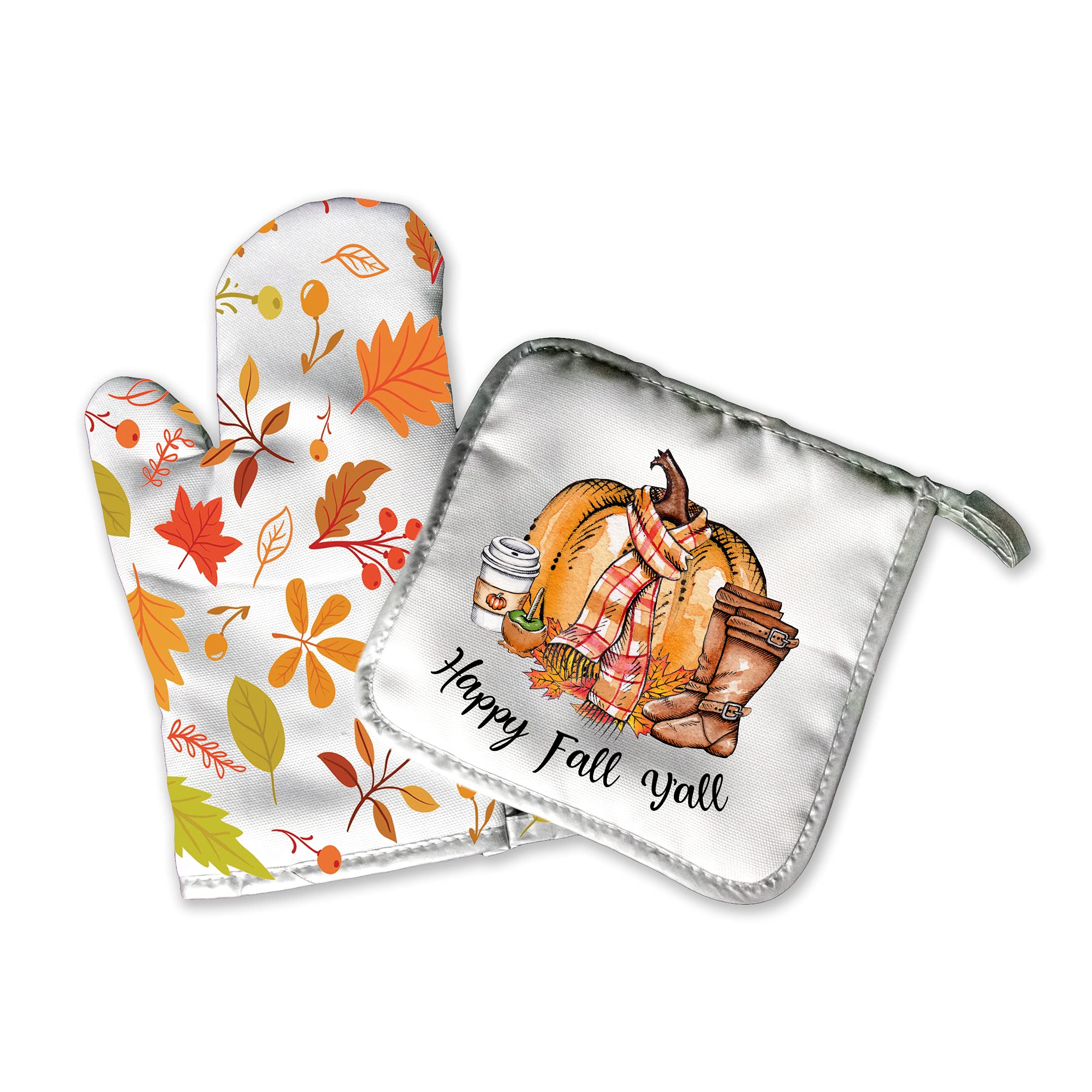 Decorative Cloth Kitchen Oven Mitt Pot Holder Set | Autumn Fall Halloween | Home Decor Seasonal Holiday Decorations | Rustic Harvest Pumpkin Spice Coffee