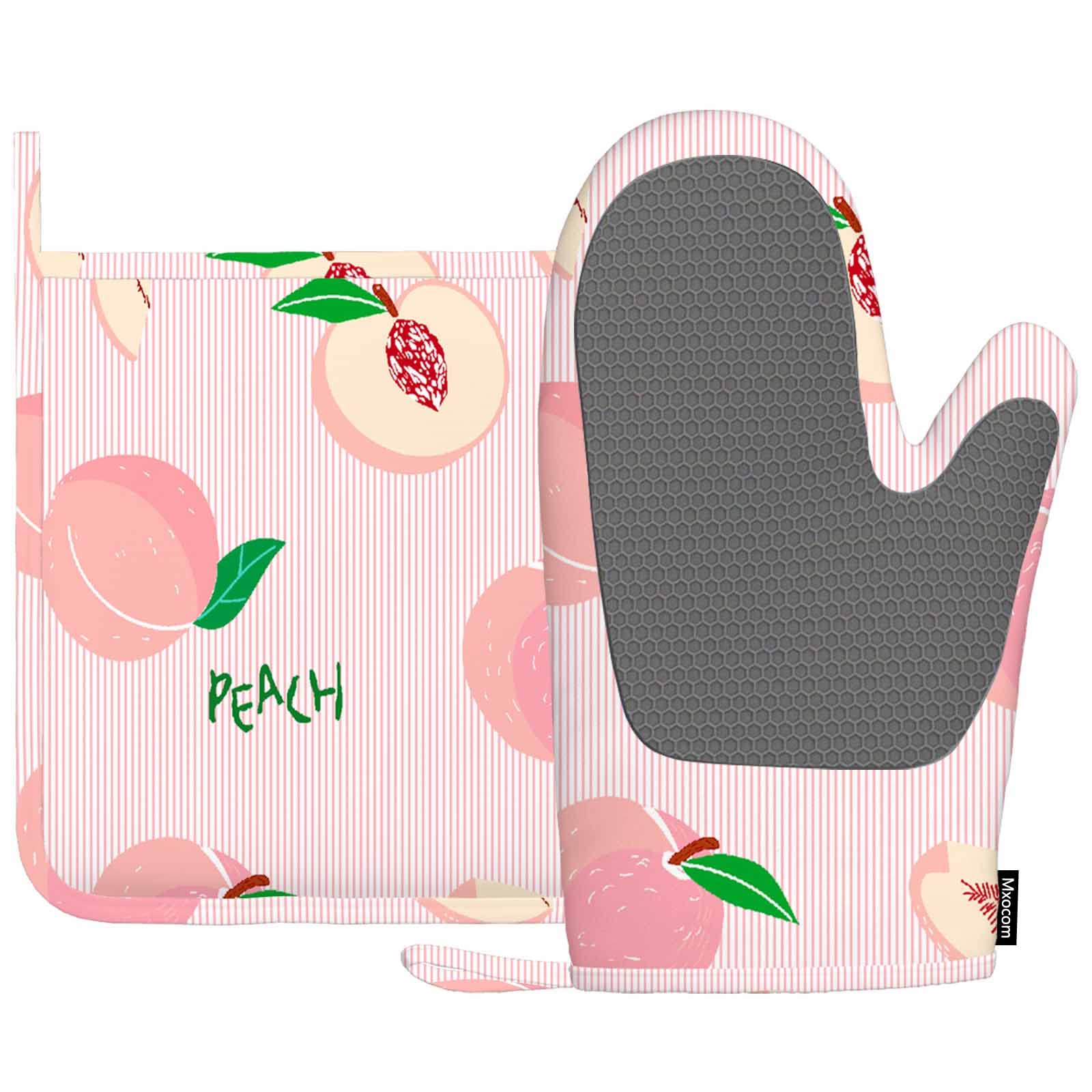 Mxocom Pink Peach Silicone Oven Mitts and Pot Holders Sets Hand Drawn Fruits on Pink Striped Background BBQ Gloves for Kitchen,Cooking,Baking,Grilling