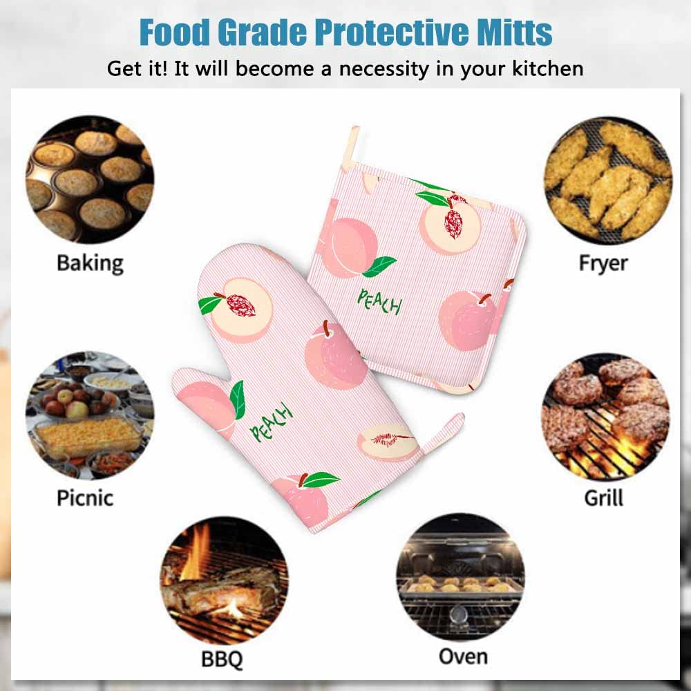 Mxocom Pink Peach Silicone Oven Mitts and Pot Holders Sets Hand Drawn Fruits on Pink Striped Background BBQ Gloves for Kitchen,Cooking,Baking,Grilling