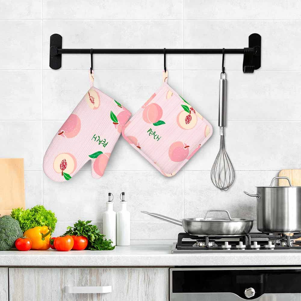 Mxocom Pink Peach Silicone Oven Mitts and Pot Holders Sets Hand Drawn Fruits on Pink Striped Background BBQ Gloves for Kitchen,Cooking,Baking,Grilling