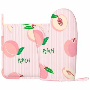 Mxocom Pink Peach Silicone Oven Mitts and Pot Holders Sets Hand Drawn Fruits on Pink Striped Background BBQ Gloves for Kitchen,Cooking,Baking,Grilling