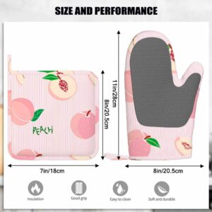 Mxocom Pink Peach Silicone Oven Mitts and Pot Holders Sets Hand Drawn Fruits on Pink Striped Background BBQ Gloves for Kitchen,Cooking,Baking,Grilling