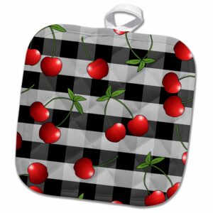 3d rose print juicy red cherries on black check pot holder, 8" x 8"