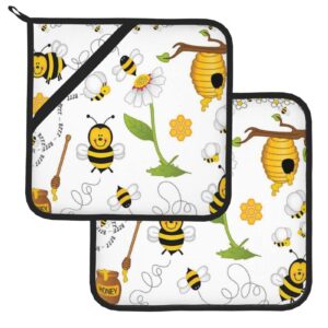 xinyuyue flying bees daisy honey pot holders for kitchen oven set 2 piece machine washable heat resistant potholders hot pads non slip for cooking and baking, one size