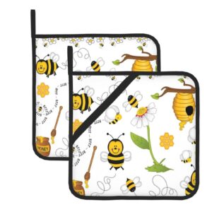 Xinyuyue Flying Bees Daisy Honey Pot Holders for Kitchen Oven Set 2 Piece Machine Washable Heat Resistant Potholders Hot Pads Non Slip for Cooking and Baking, One Size