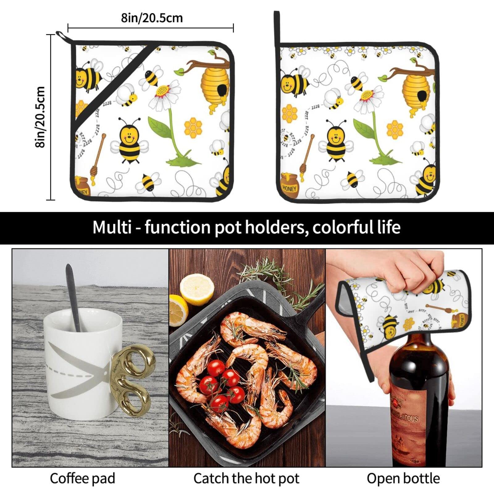 Xinyuyue Flying Bees Daisy Honey Pot Holders for Kitchen Oven Set 2 Piece Machine Washable Heat Resistant Potholders Hot Pads Non Slip for Cooking and Baking, One Size