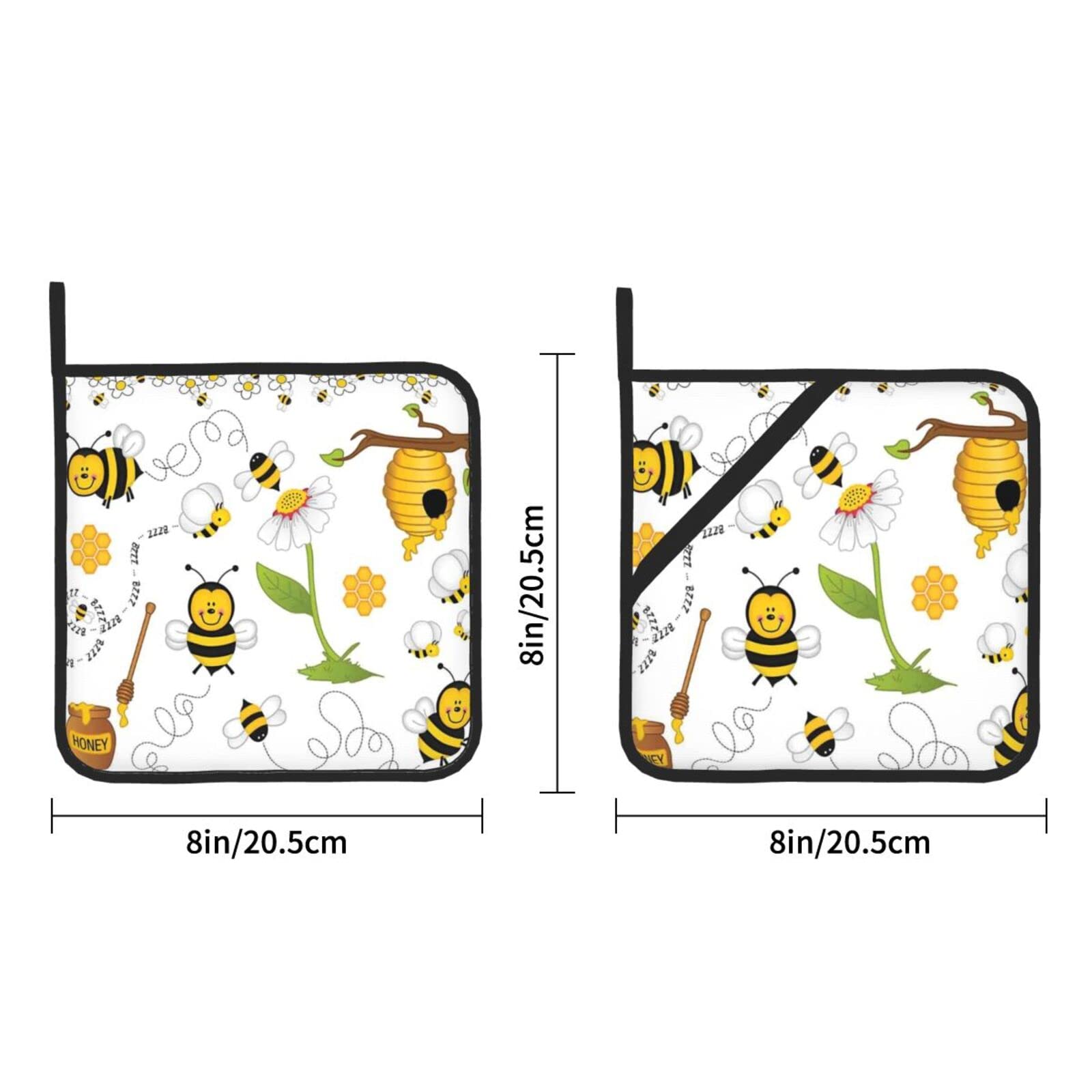 Xinyuyue Flying Bees Daisy Honey Pot Holders for Kitchen Oven Set 2 Piece Machine Washable Heat Resistant Potholders Hot Pads Non Slip for Cooking and Baking, One Size