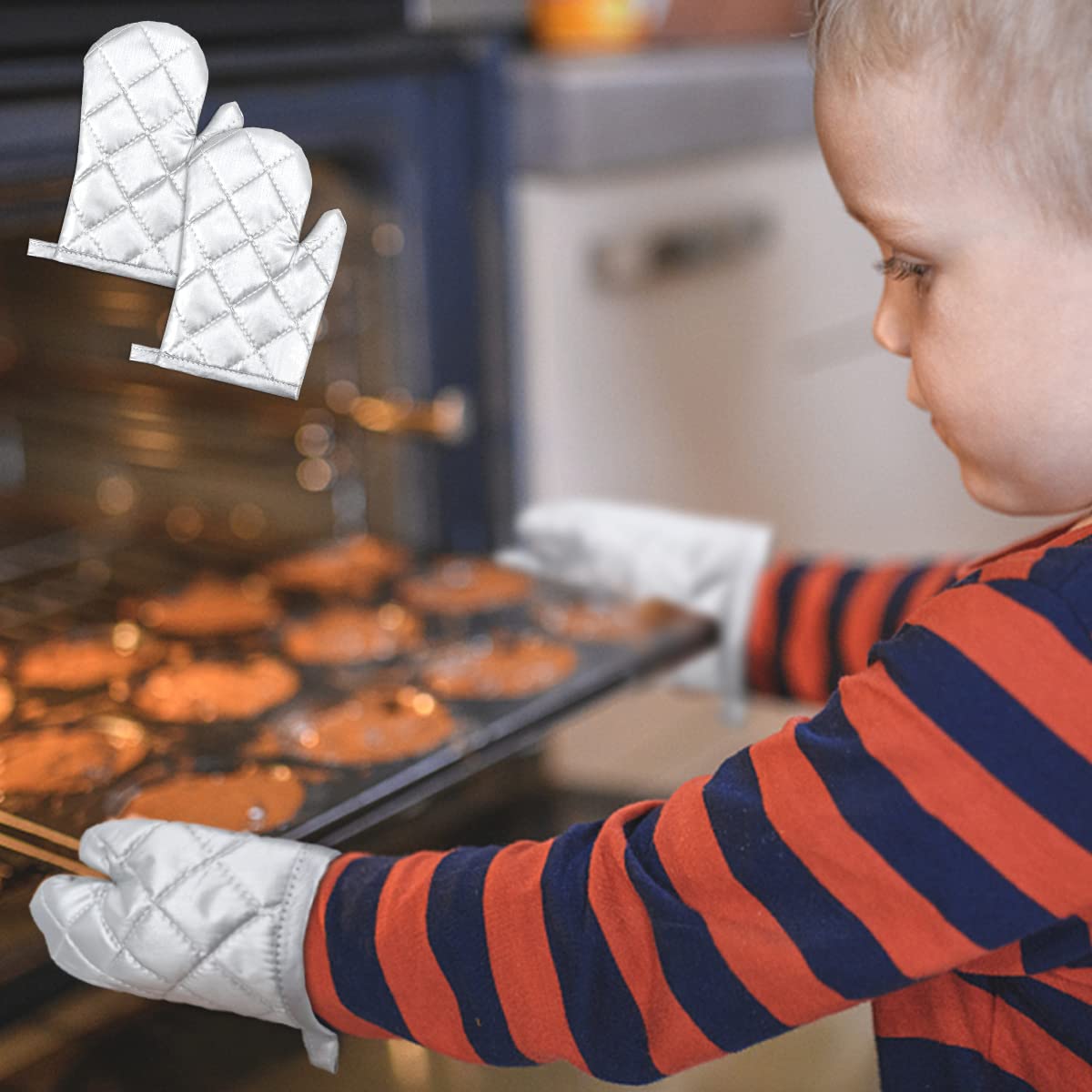 DOERDO 2 Pack Kid Oven Mitts for Children Heat Resistant Kitchen Mitts, Great for Cooking Baking, Age 4-12 (7"x4.7", Silver)