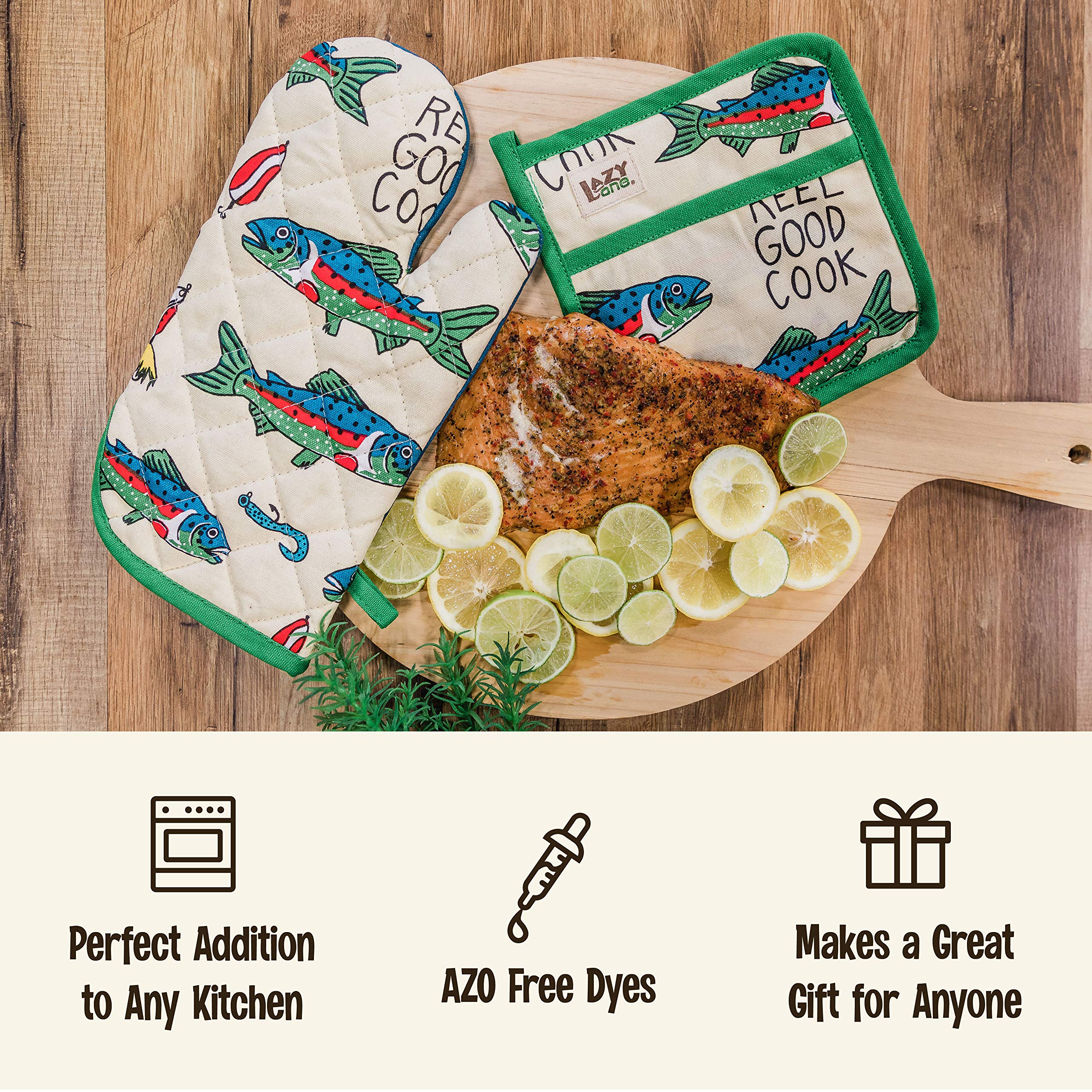 LazyOne Funny Oven Mitt and Pot Holder Set, Cute Kitchen Accessories for Home, Set of 1 Matching Hot Pad and 1 Oven Glove