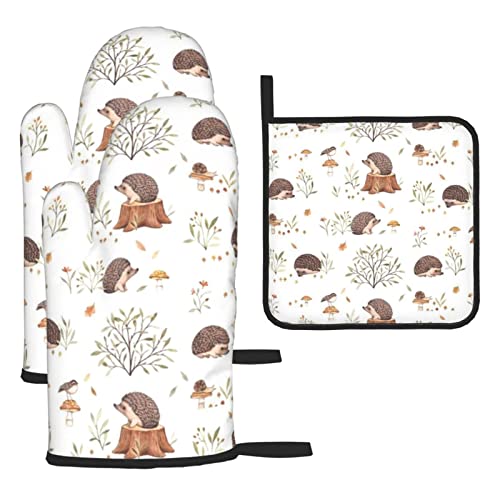 Nature Lovely Hedgehog Lovers Printed Oven Mitts and Pot Holders Set 3pcs,High Heat Resistant for Cooking Baking Grilling