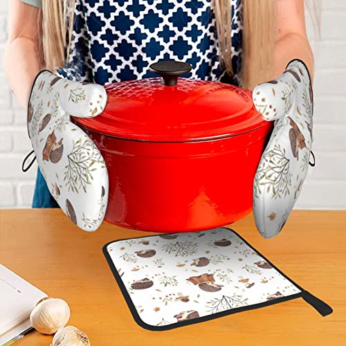 Nature Lovely Hedgehog Lovers Printed Oven Mitts and Pot Holders Set 3pcs,High Heat Resistant for Cooking Baking Grilling