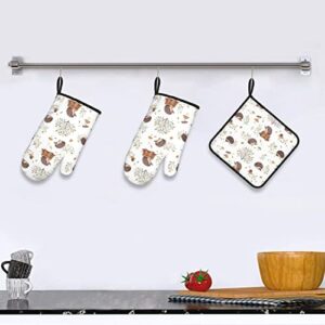 Nature Lovely Hedgehog Lovers Printed Oven Mitts and Pot Holders Set 3pcs,High Heat Resistant for Cooking Baking Grilling