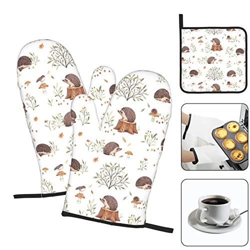 Nature Lovely Hedgehog Lovers Printed Oven Mitts and Pot Holders Set 3pcs,High Heat Resistant for Cooking Baking Grilling