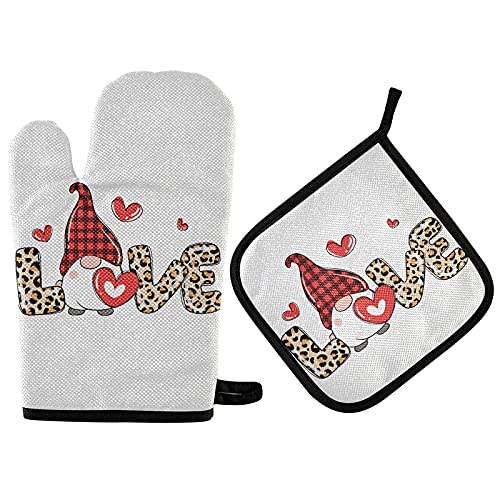 Leopard Love Gnomes Oven Mitts and Pot Holders Mothers Day Heat Resistant Oven Mit Glove Pad 2PCS Soft Cotton Lining Non-Slip Safe for Baking Kitchen Cooking BBQ