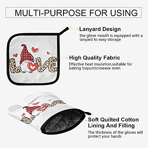 Leopard Love Gnomes Oven Mitts and Pot Holders Mothers Day Heat Resistant Oven Mit Glove Pad 2PCS Soft Cotton Lining Non-Slip Safe for Baking Kitchen Cooking BBQ