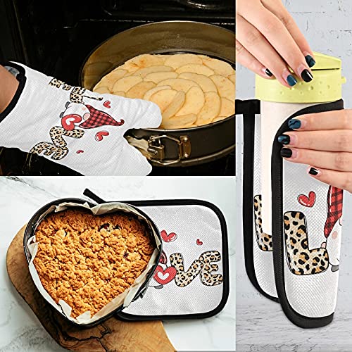 Leopard Love Gnomes Oven Mitts and Pot Holders Mothers Day Heat Resistant Oven Mit Glove Pad 2PCS Soft Cotton Lining Non-Slip Safe for Baking Kitchen Cooking BBQ