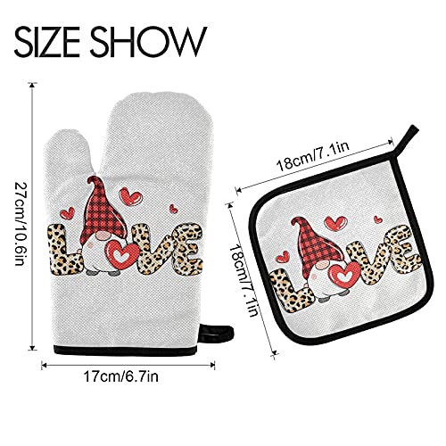 Leopard Love Gnomes Oven Mitts and Pot Holders Mothers Day Heat Resistant Oven Mit Glove Pad 2PCS Soft Cotton Lining Non-Slip Safe for Baking Kitchen Cooking BBQ