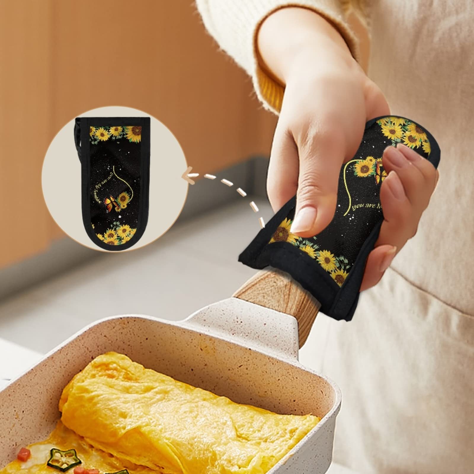 Youngerbaby Sunshine Sunflowers Hot Handle Holders Pan Handle Sleeves Heat Resistant Pan Cast Iron Skillet Handle Covers Non-Slip Pan Handle Holders for Home Kitchen Cooking Tools